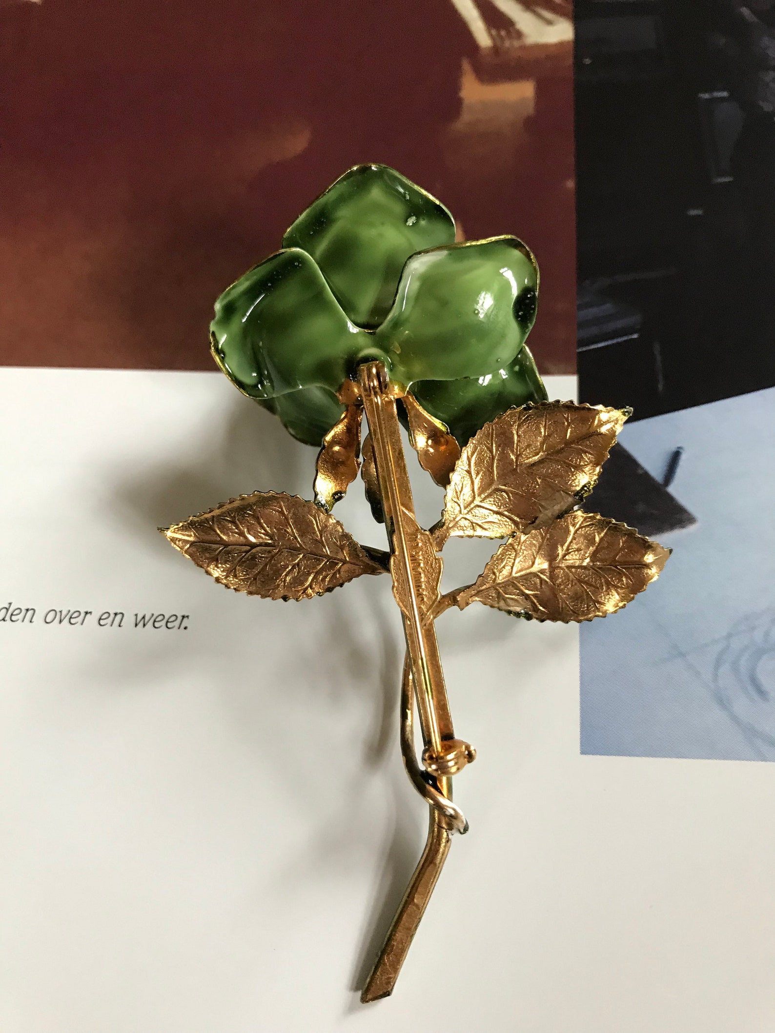 SANDOR Signed Beautiful Green Enamelled Rose Brooch With Rhinestone Dow ...