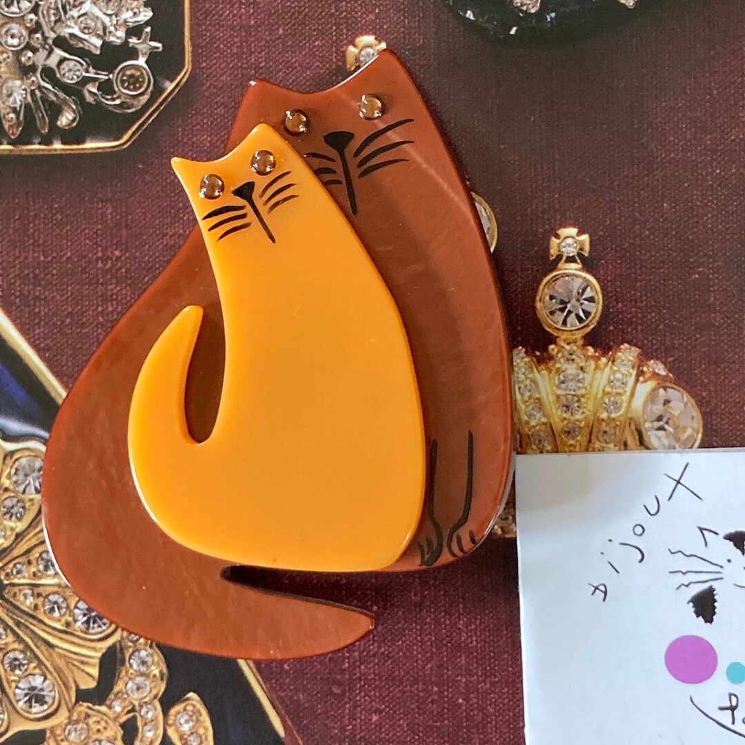 Marie-Christine PAVONE Broche Double Chat Caramel et Orange Hecho a ...