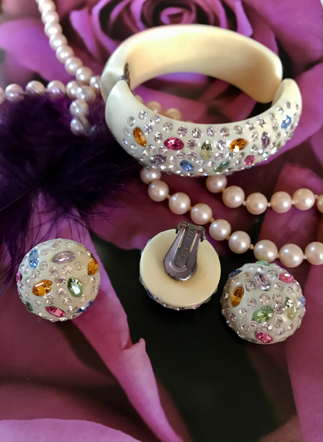 Albert WEISS Signed Art Deco Multicolor Rhinestone Cuff Bangle Brooch ...