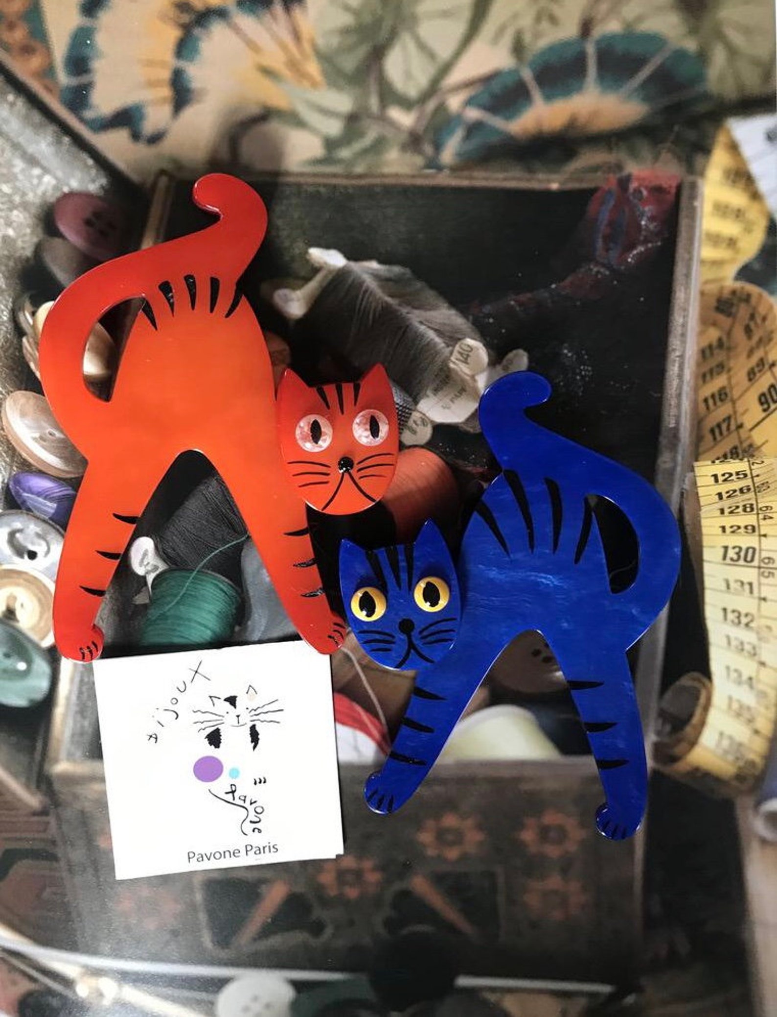Marie-christine PAVONE Signed Broche Chat Joyeux Happy Marbled Blue ...