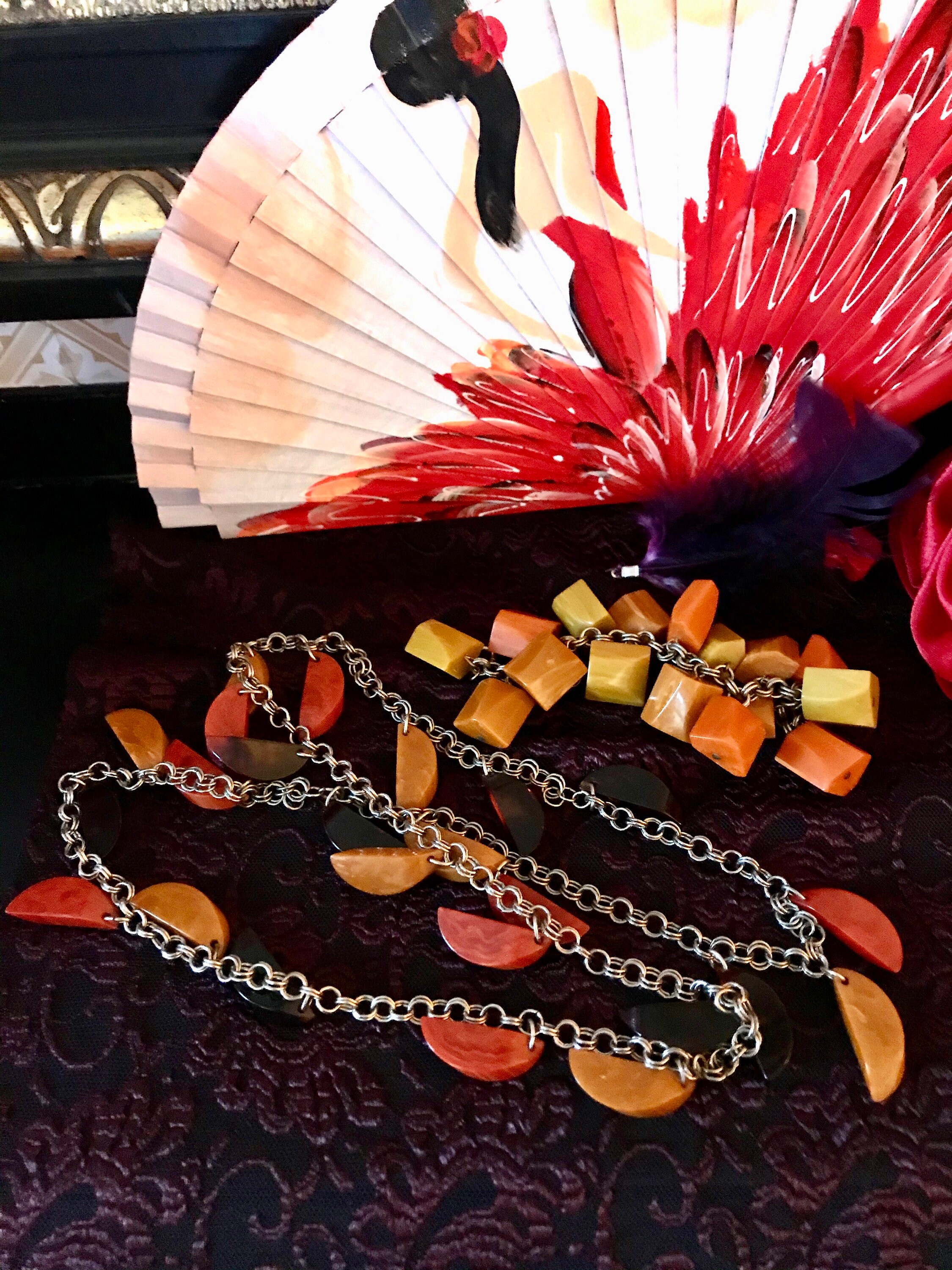 Art Deco BAKELITE Charm Necklace and Bracelet Marbled Orange - Etsy