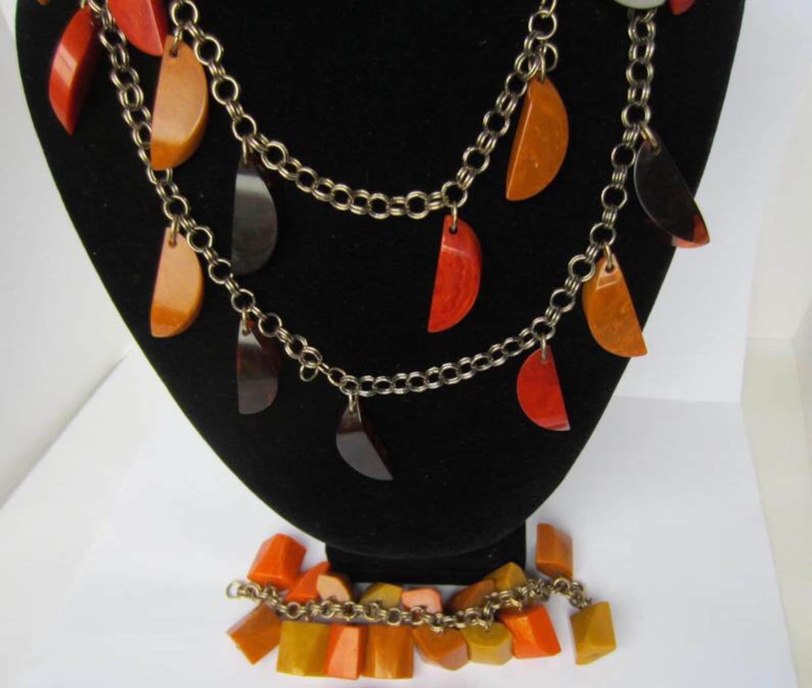 Art Deco BAKELITE Charm Necklace and Bracelet Marbled Orange ...