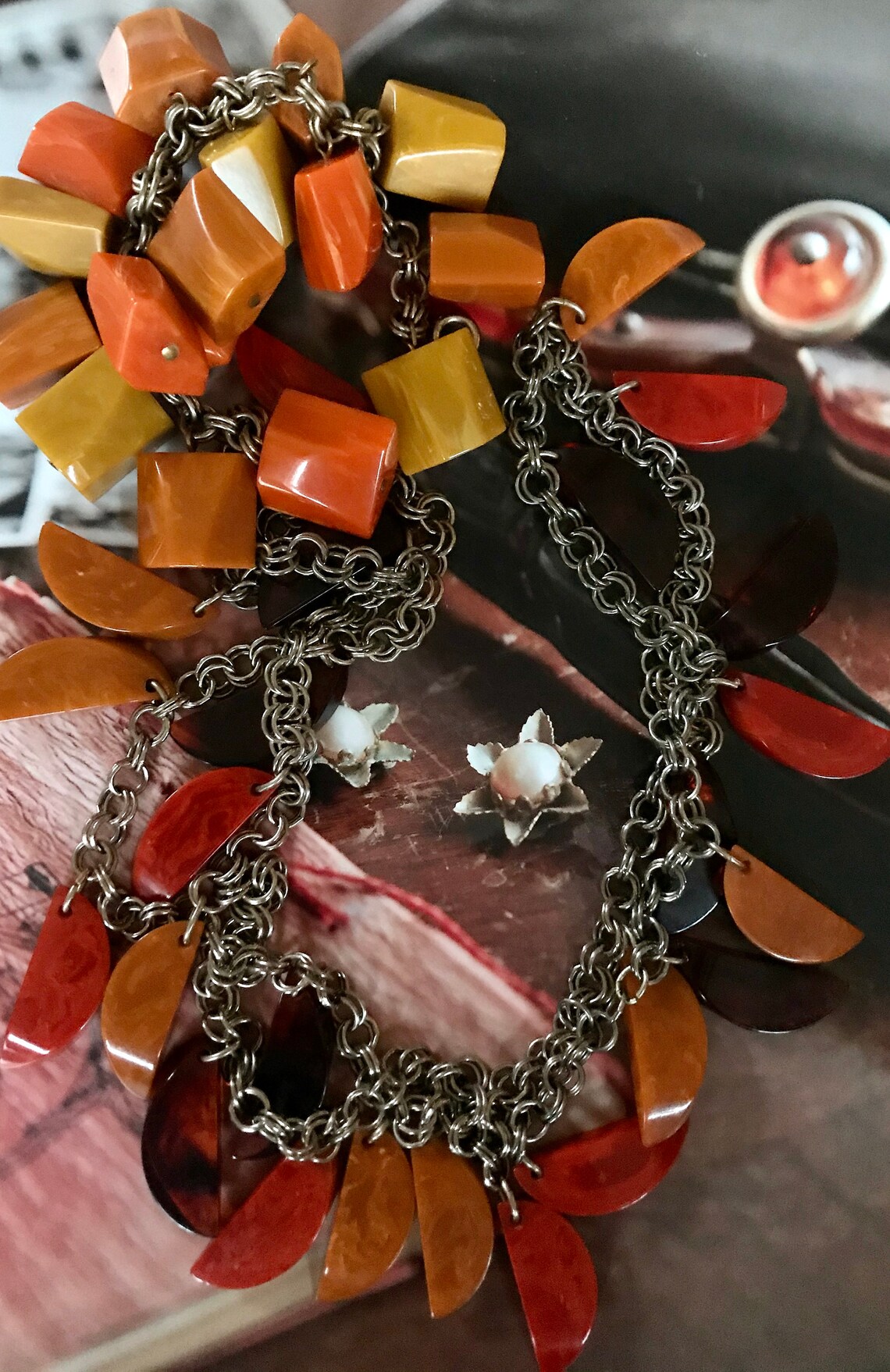 Art Deco BAKELITE Charm Necklace and Bracelet Marbled Orange ...