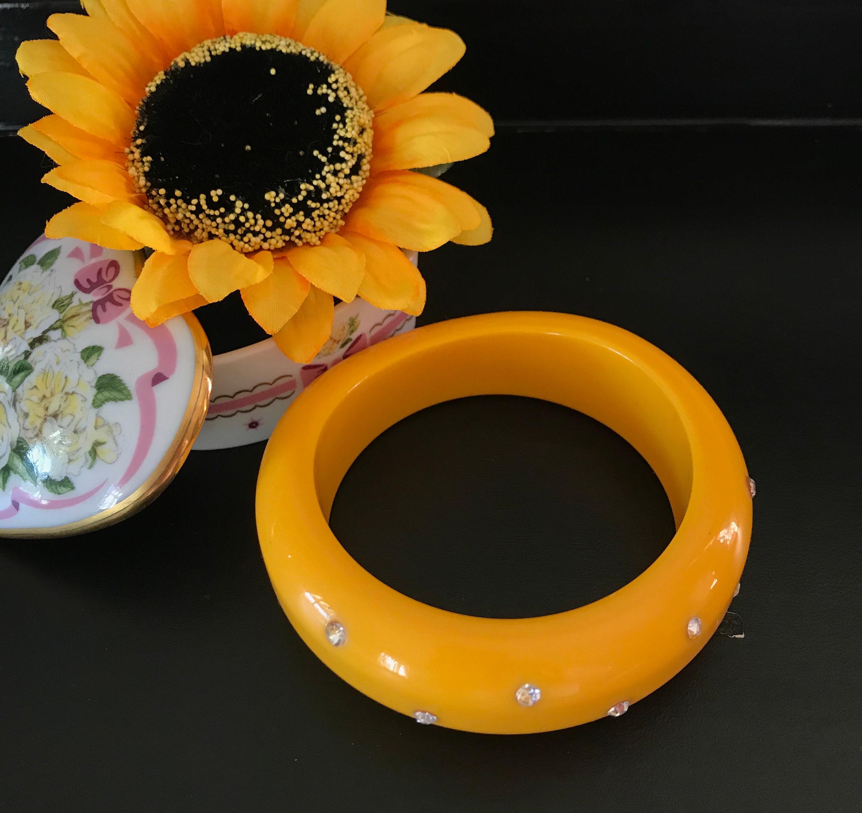 Yellow LUCITE Bangle Bracelet Clear Rhinestones Abstract Design 1" W ...