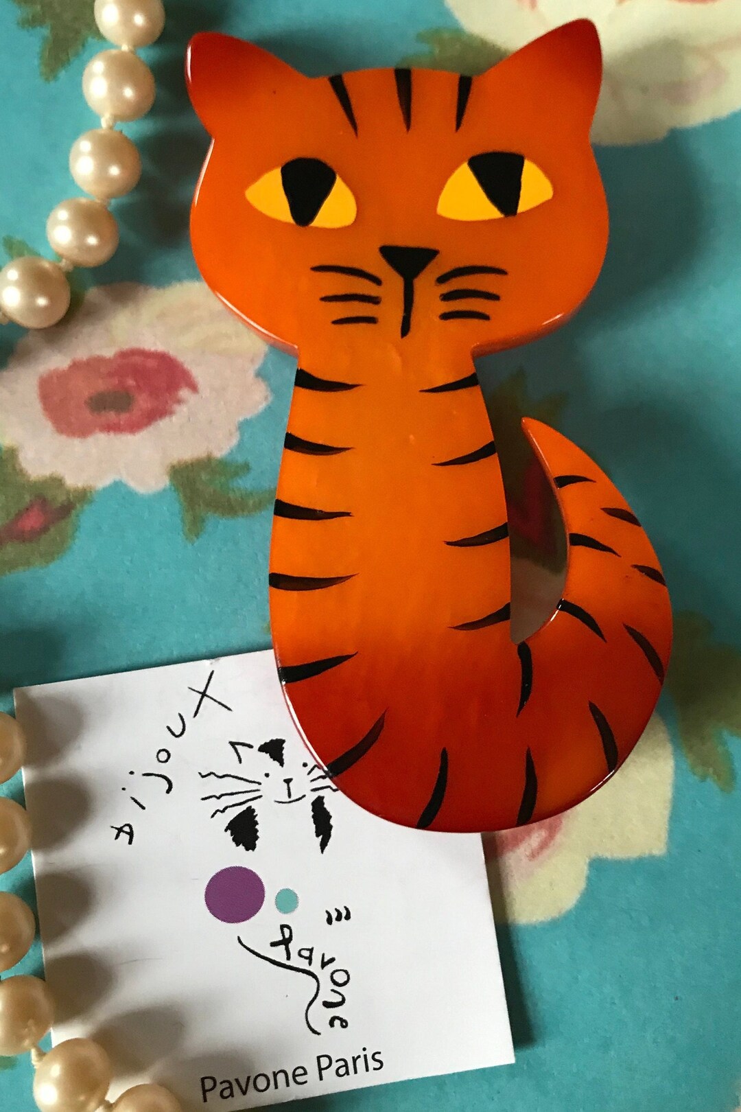 Marie-christine PAVONE Broche Chat Mystère Orange Galalith Cat Brooch ...