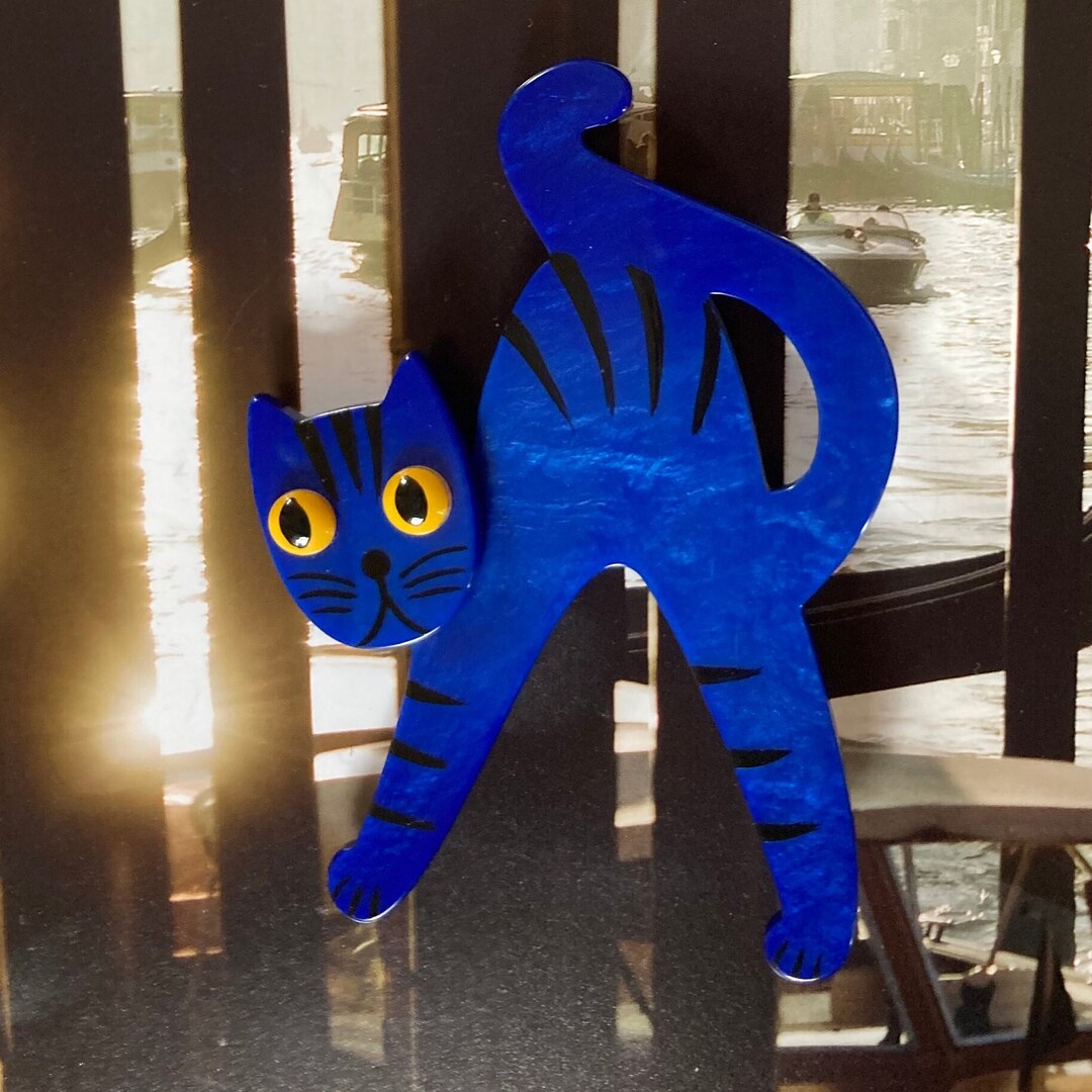 Marie-christine PAVONE Signed Broche Chat Joyeux Happy Marbled Blue ...