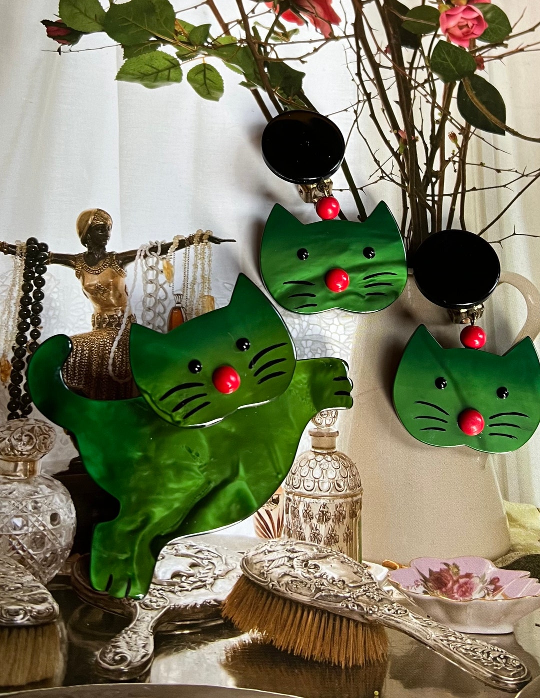 Marie-christine PAVONE Ensemble Chat Bondissant Verte Handmade Green ...