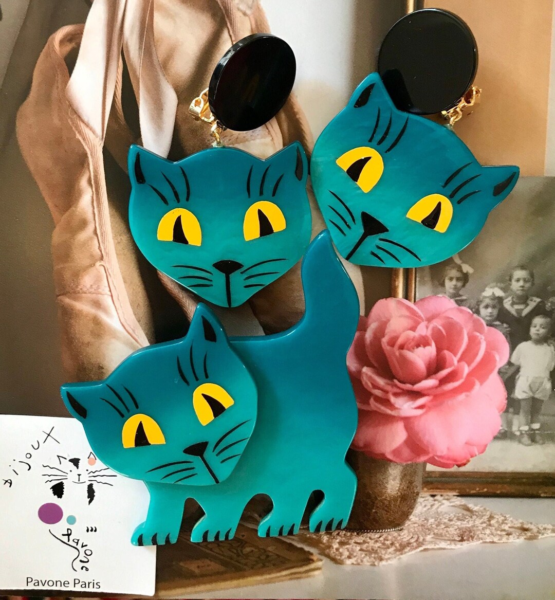Marie-christine PAVONE Ensemble Chat Ebahi Turquoise Handmade Galalith ...