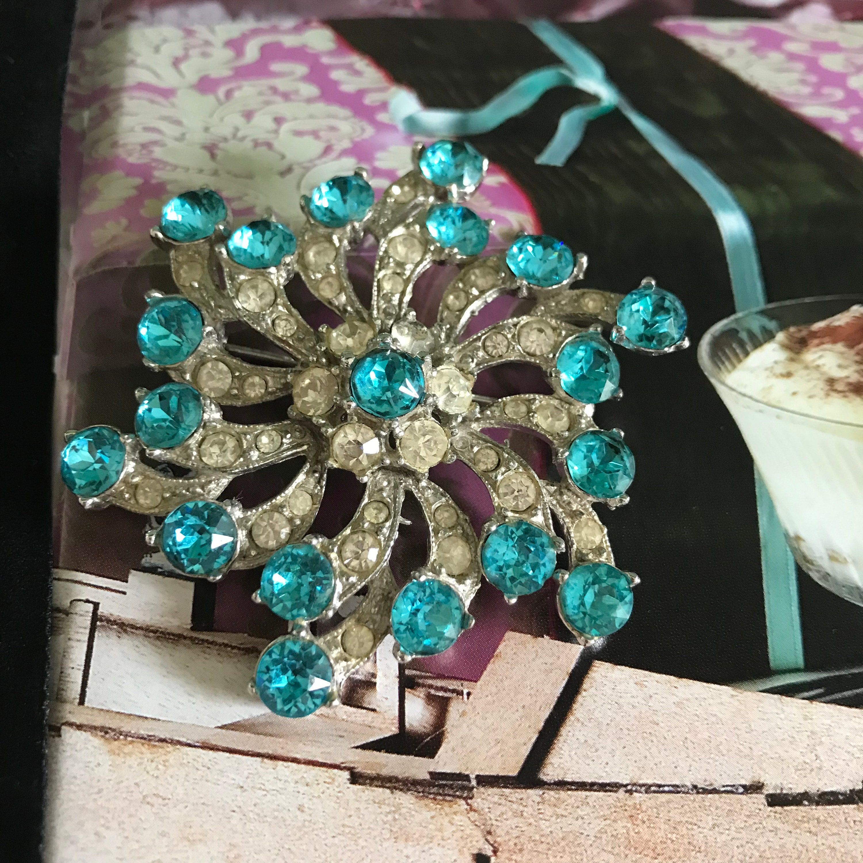 BOGOFF Signed Vintage Beautiful Aqua Blue Rhinestones & | Etsy