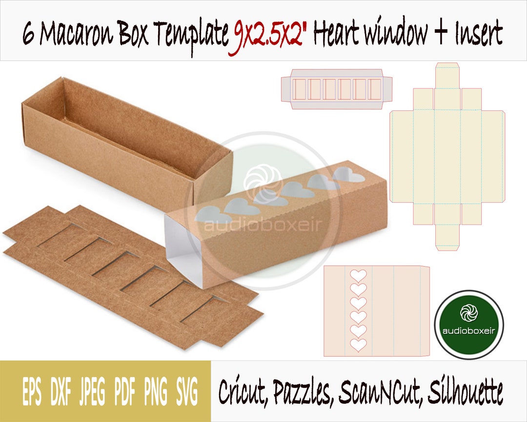Template of Box for Macaron With Sleeve, Heart Window and 6 Section ...