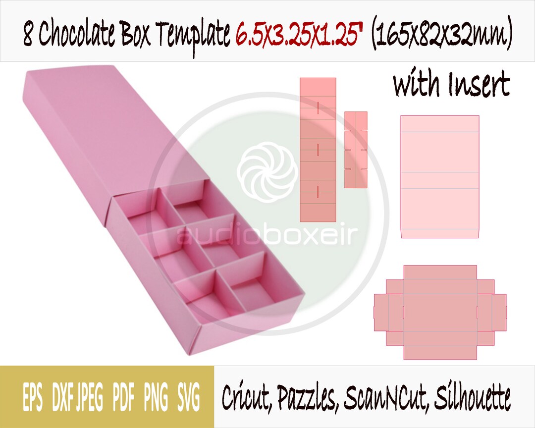 Template of Box for Chocolate With Sleeve and 8 Section Insert (6.5"x3 ...