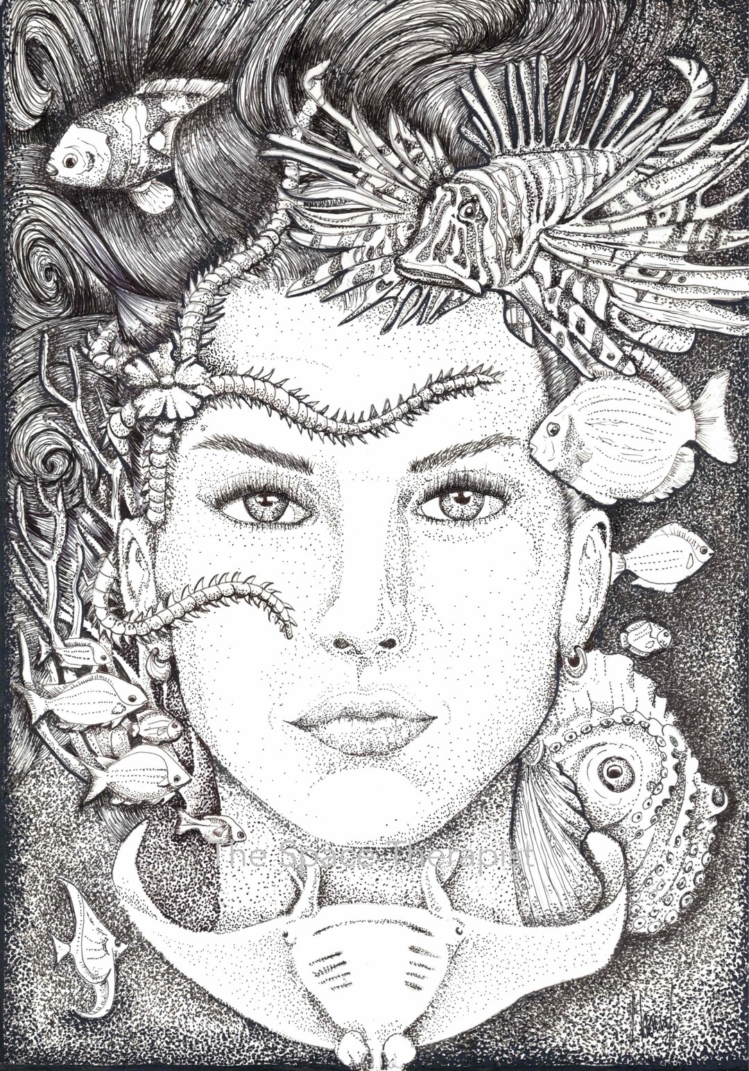 Neptune Art Print: Pen & Ink Goddess Illustration - Astronomy Wall Art ...