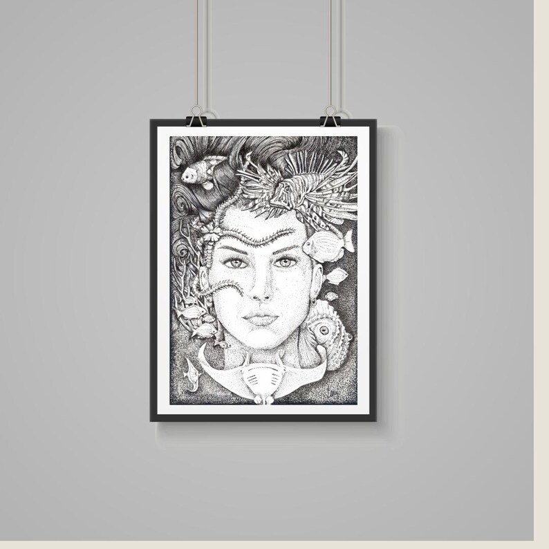 Neptune Art Print: Pen & Ink Goddess Illustration - Astronomy Wall Art ...