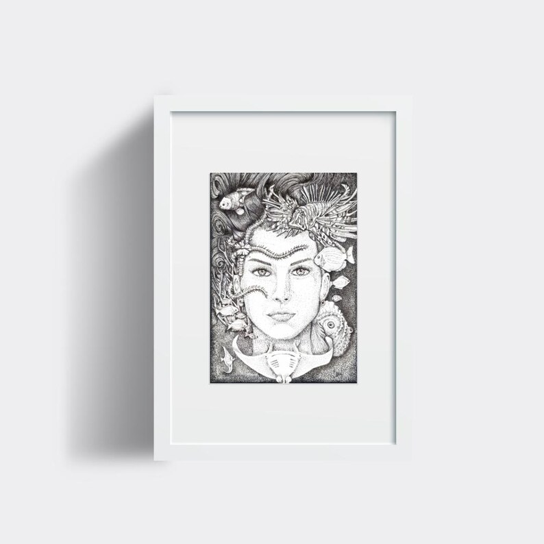 Neptune Art Print: Pen & Ink Goddess Illustration - Astronomy Wall Art ...