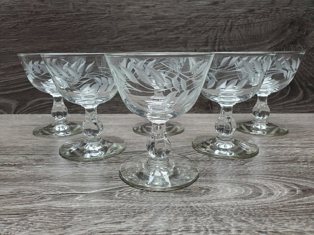 Set of 6/mid Century Modern/libbey Wheat Champagne/low Sherbert Glasses/gray Cut/etched Floral ...