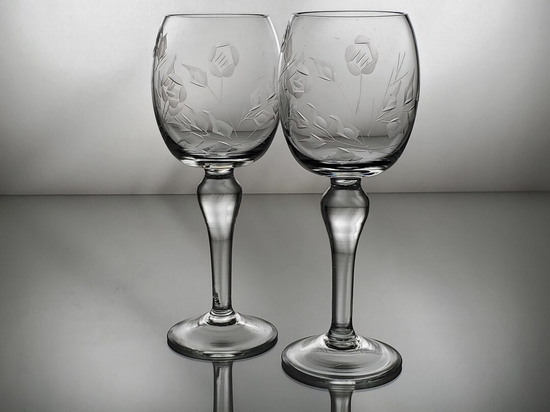 Set of 2/vintage Rose Gray Cut Wine Glasses/unk14656/mid Century/etched ...