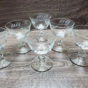 Set of 6/mid Century Modern/libbey Wheat Champagne/low Sherbert Glasses/gray Cut/etched Floral ...