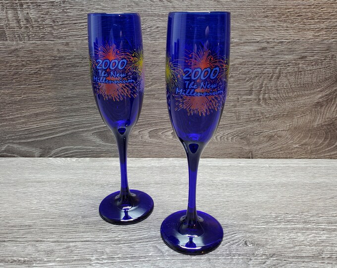 Set of 2/vintage Libbey Millenium 2000 Cobalt Blue Champagne Flutes ...