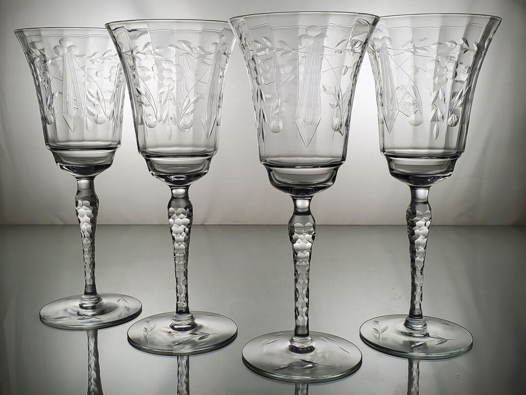 Set of 4/vintage Seneca Water Goblet/floral Cut/vertical Optic/lead ...