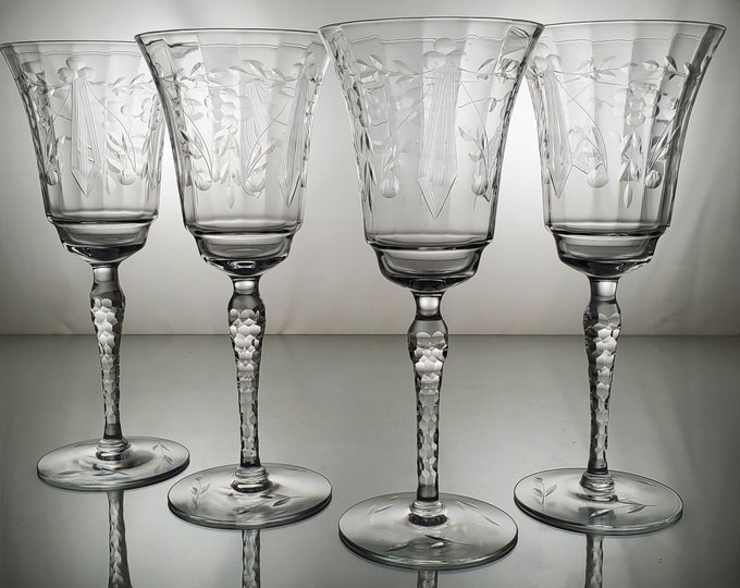 Set of 4/vintage Seneca Water Goblet/floral Cut/vertical Optic/lead ...