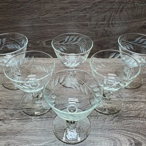 Set of 6/mid Century Modern/libbey Wheat Champagne/low Sherbert Glasses/gray Cut/etched Floral ...