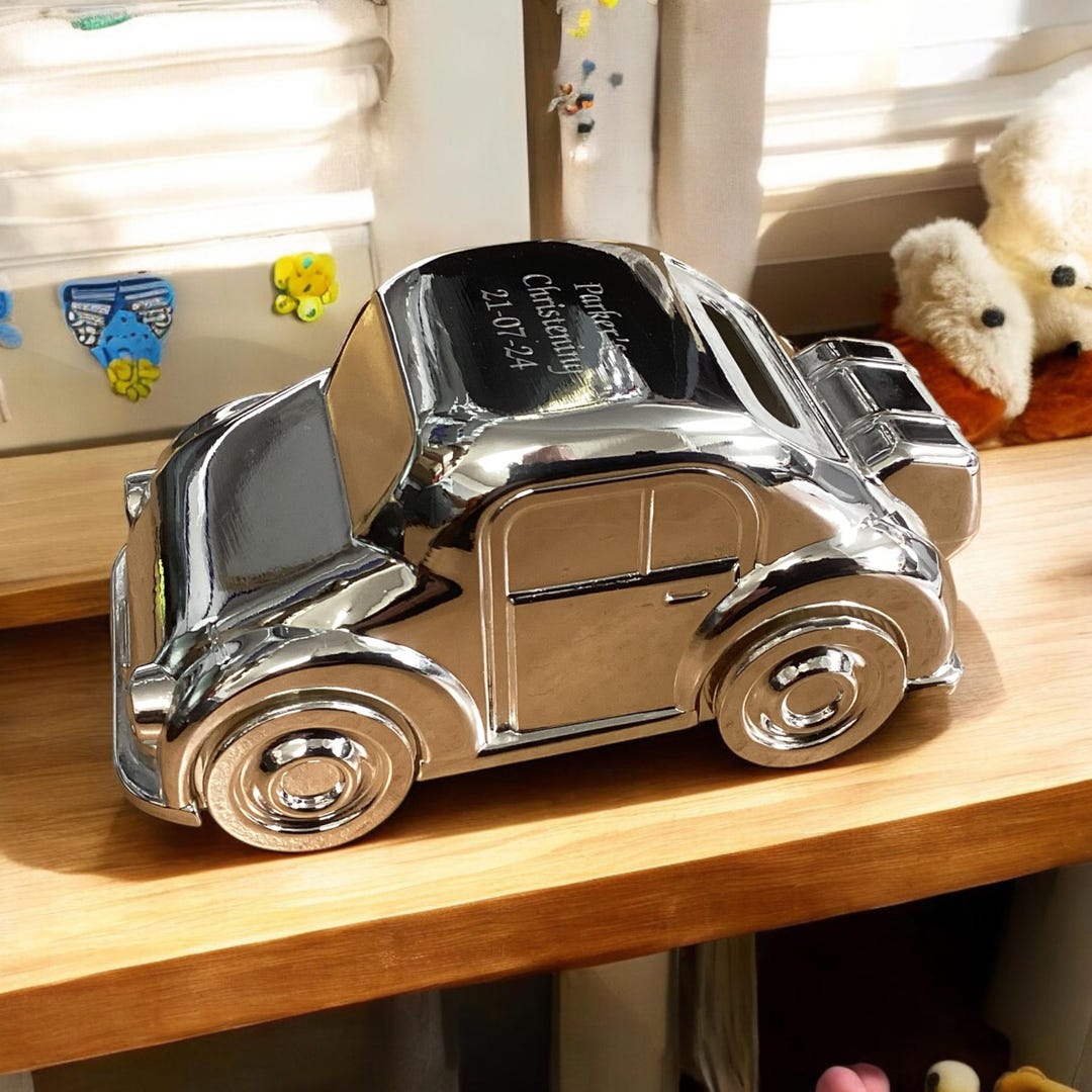 Personalised Silver Plated Car Money Box - Christening Baptism New Born ...
