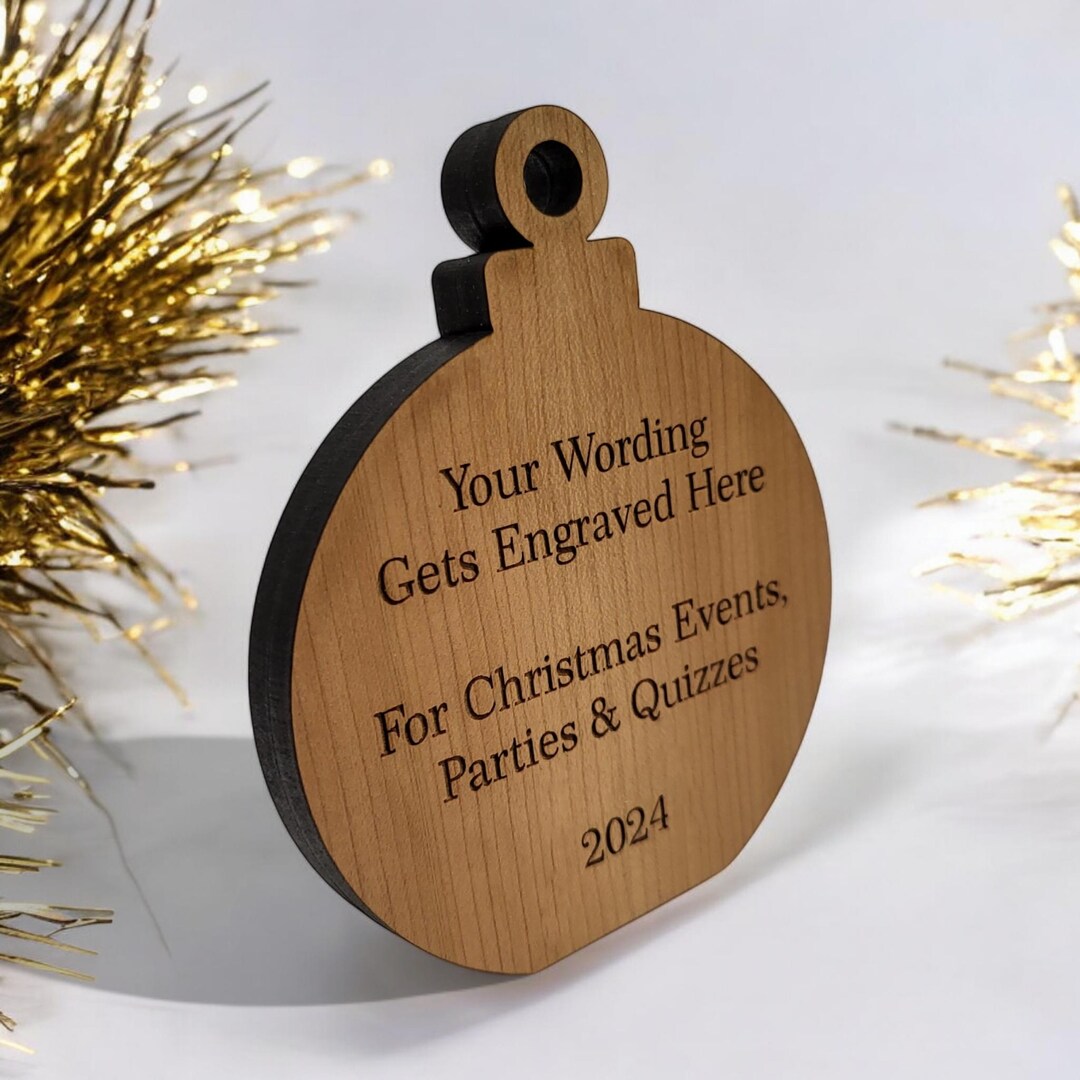 Personalised Cherry Wood Christmas Quiz Trophy Bauble or Christmas Tree ...