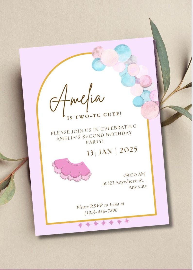 Two-tu Cute Birthday Invitation Instant Download Template, Tutu Themed ...