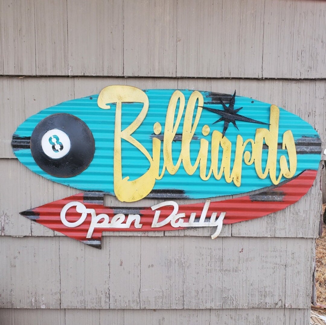 Billiards Mid-century Retro Sign, FREE SHIPPING, Painted Flat Metal ...