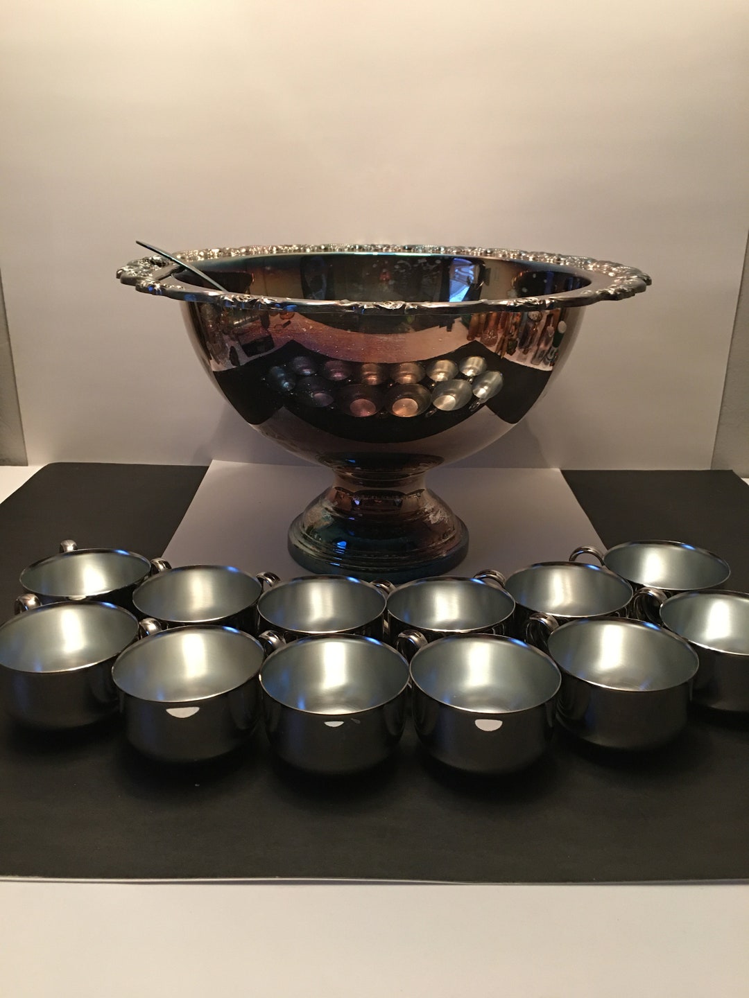 Large Silver Punch Bowl/14pc Silver Punch Bowl/embossed Floral Punch ...