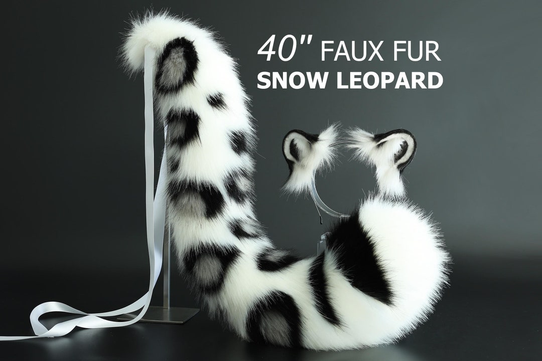 Realistic Faux Fur White Gray Snow Leopard Ear and Tail Set Anime ...