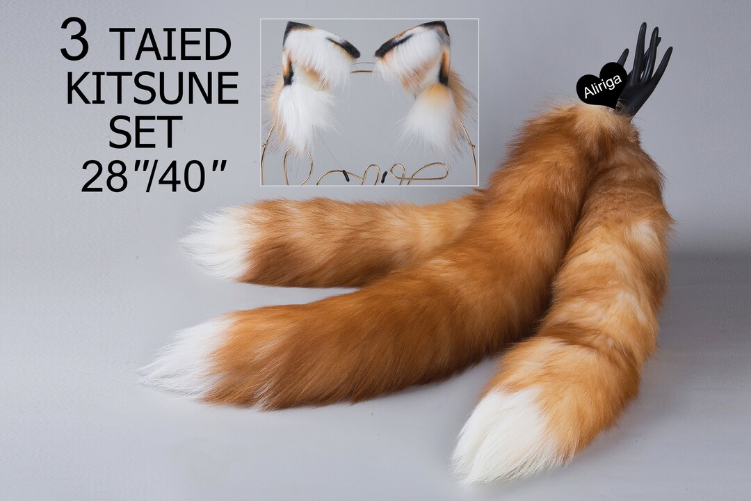 3 Tailed Kitsune Tail and Ear Set White 3 Fox Tails and Ears Set Kitten ...
