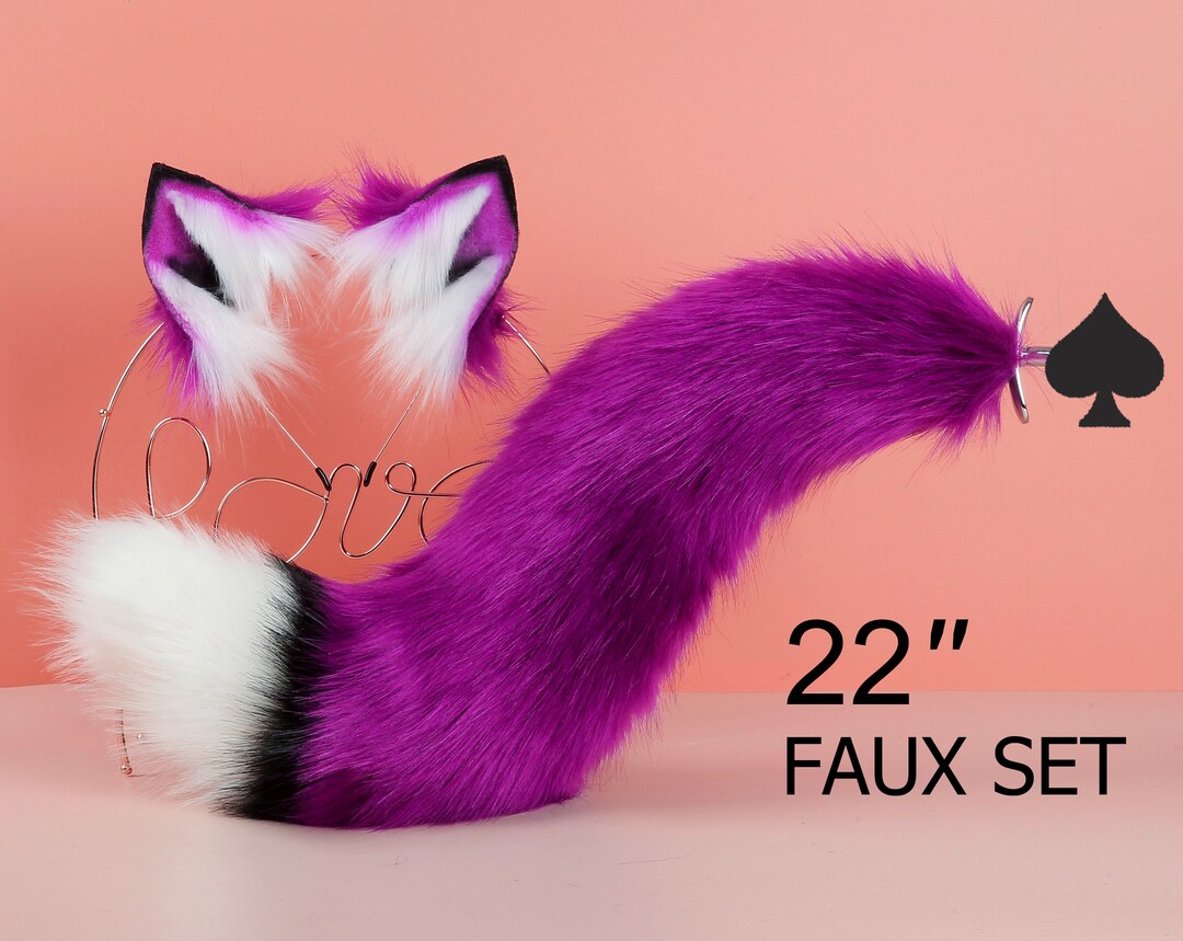 Purple White Fox Tail Plug And Ear Set Curly Fox Tail Butt Plug And Ear