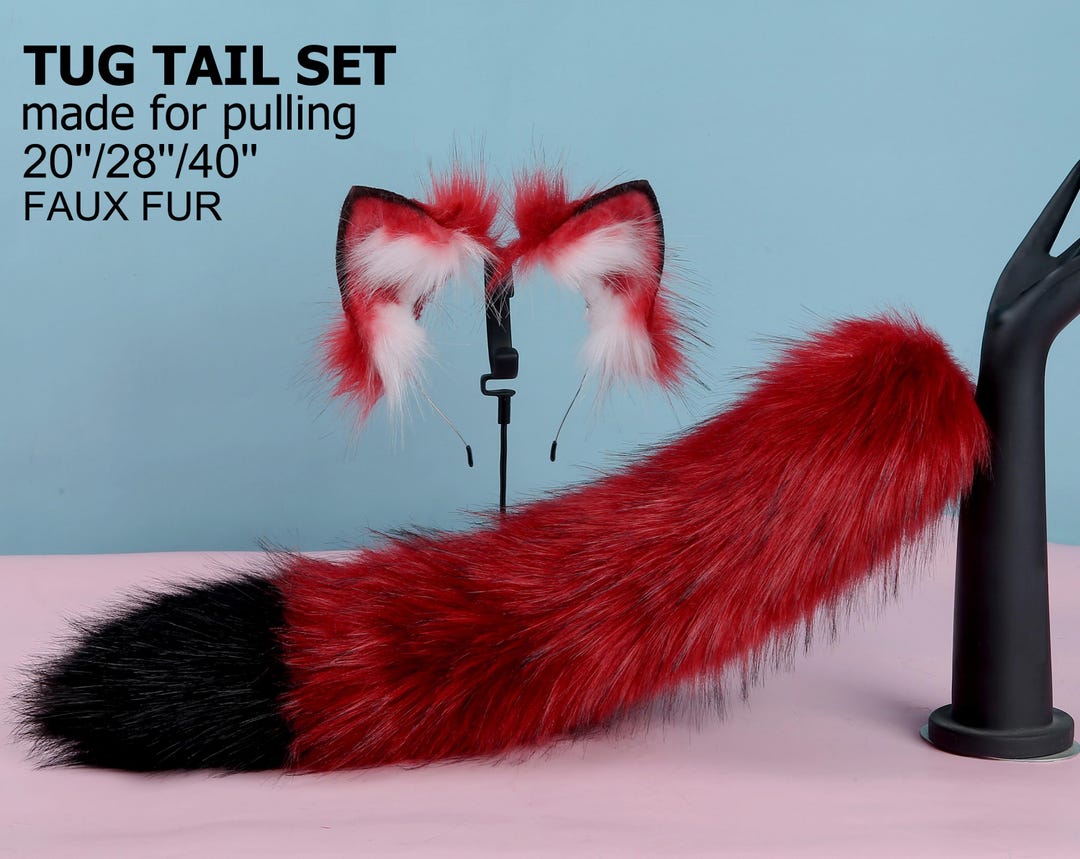 Red Black Fox Tail and Ear Set Faux Fur Fox Ear and Tail Cosplay Wolf ...