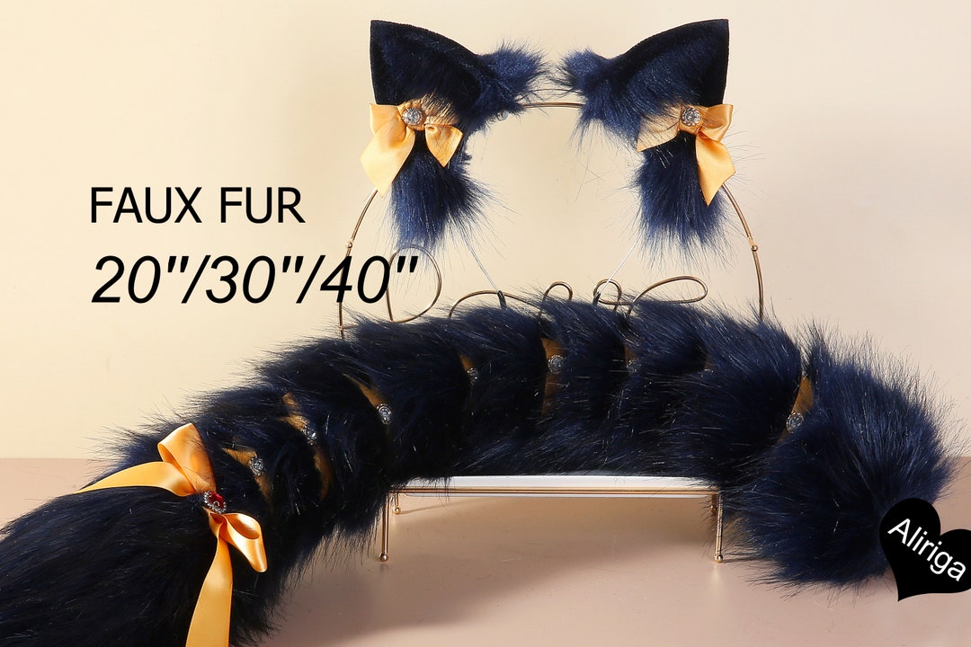 Dark Blue Fox Tail and Ear Set Faux Fur Fox Ear and Tail Cosplay Wolf ...