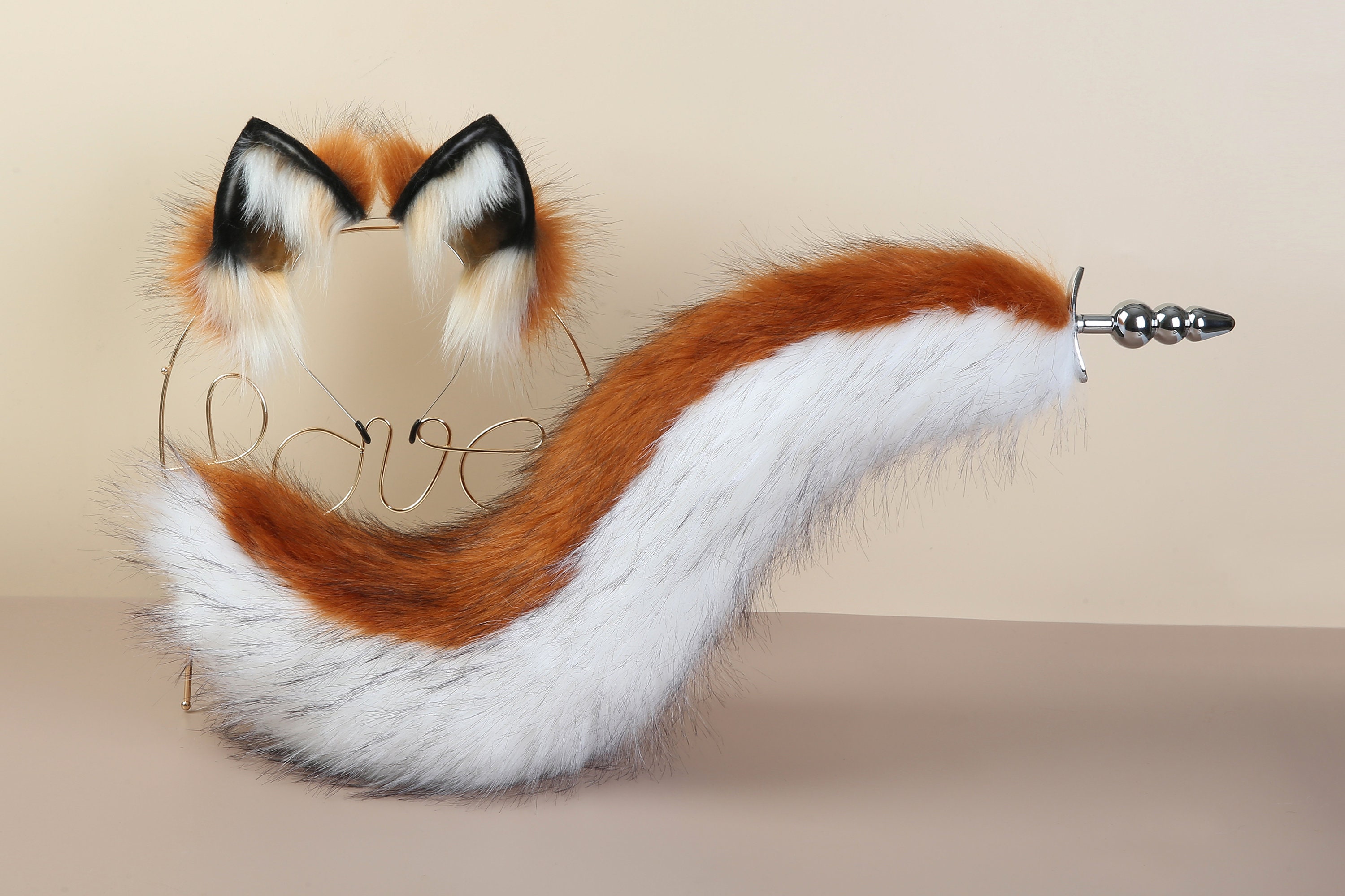 White Brown Faux Fur Fox Tail Plug and Ear Wolf Tail Buttplug | Etsy