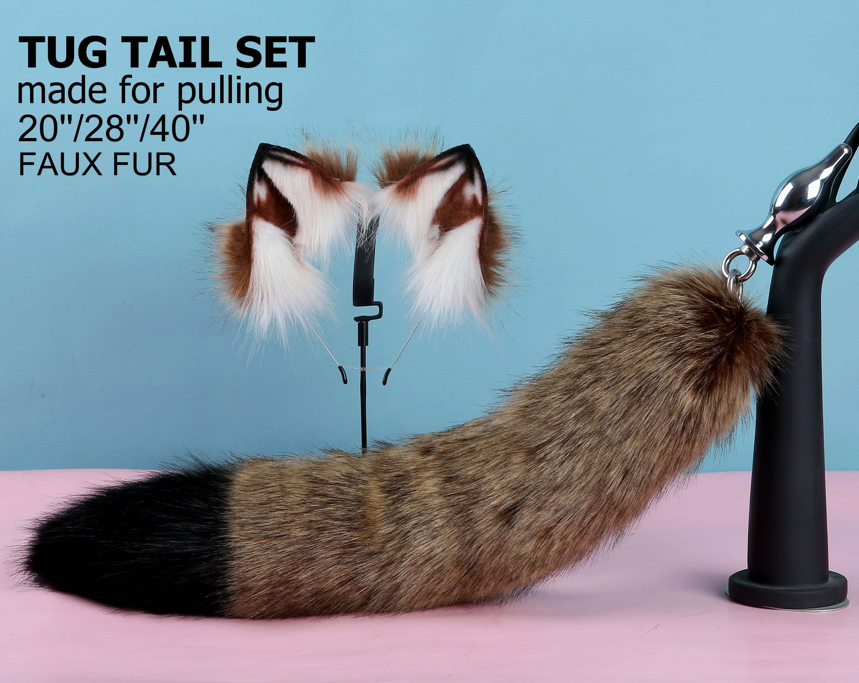 Brown Black Tug Tail Plug and Ear Set Faux Fur Fox Tail Butt | Etsy