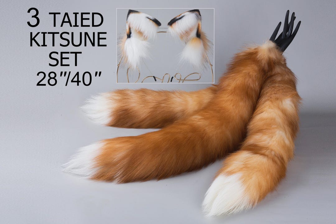 3 Tailed Kitsune Tail and Ear Set White 3 Fox Tails and Ears Set Kitten ...
