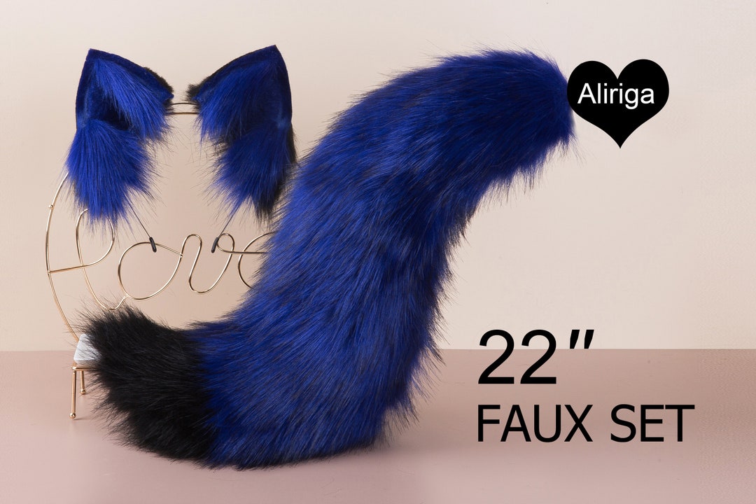 Black and Blue Fox Tail and Ear Realistic Faux Fur Wolf Tail and Ear ...