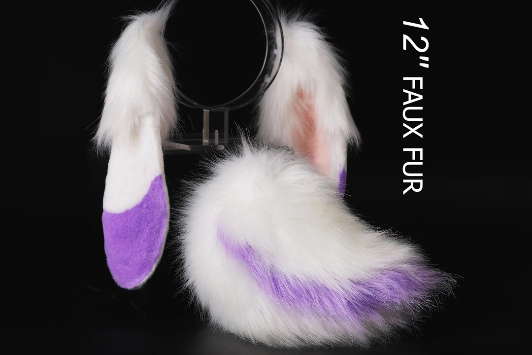Purple White Soft Lop Bunny Ear and Tail Cosplay Realistic Faux Fur ...