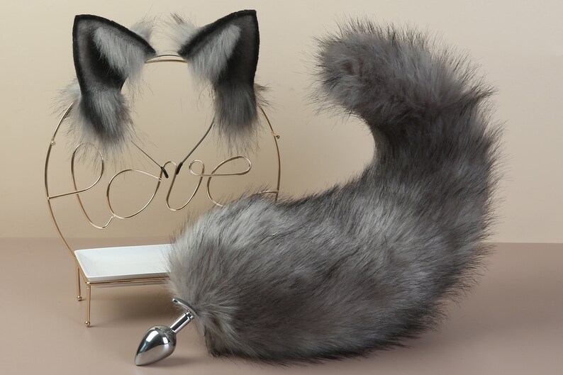 Gray Fox Tail Plug and Ear Set Wolf Tail Buttplug and Ear Fox - Etsy