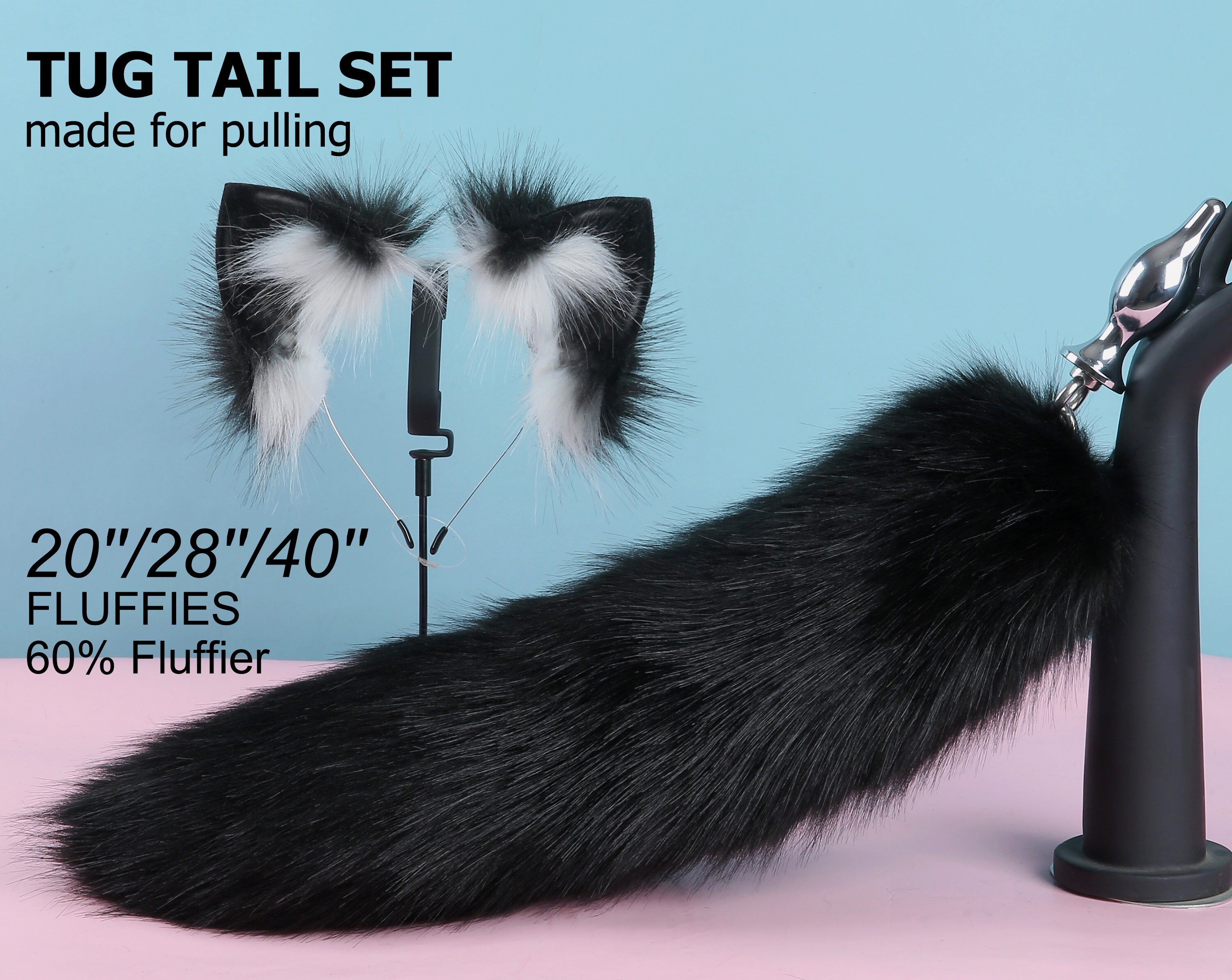 Black Fluffy Tug Tail Plug and Ear Set Fluffy Fox Tail Butt - Etsy