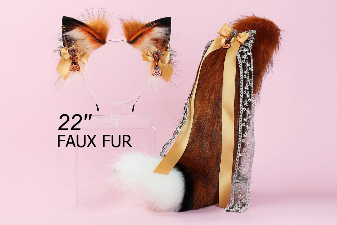 Brown White Faux Fur Fox Tail Plug and Ear Wolf Tail Buttplug and Ear ...