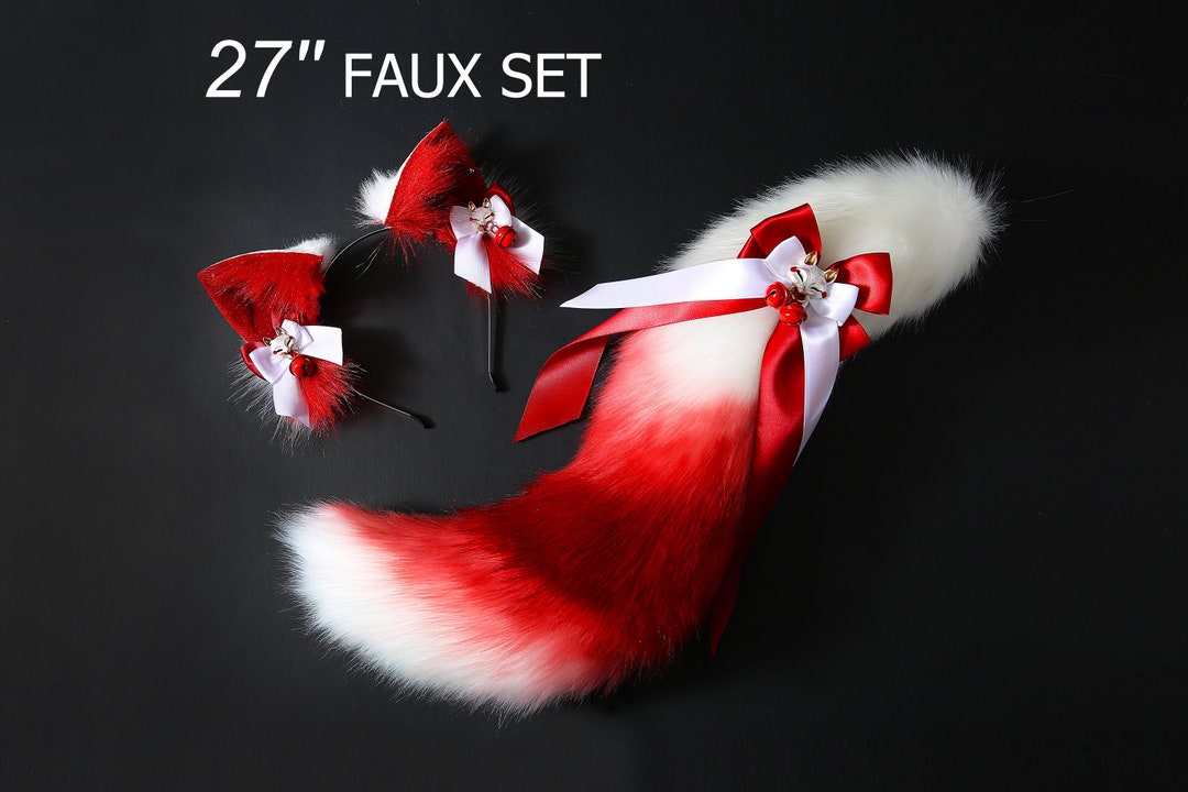 Red White Faux Fur Fox Tail and Ear Realistic Faux Fur Wolf Tail and ...