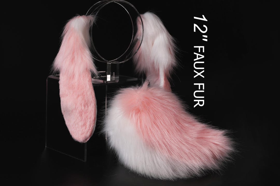 Pink White Soft Lop Bunny Ear and Tail Cosplay Realistic Faux Fur Long ...