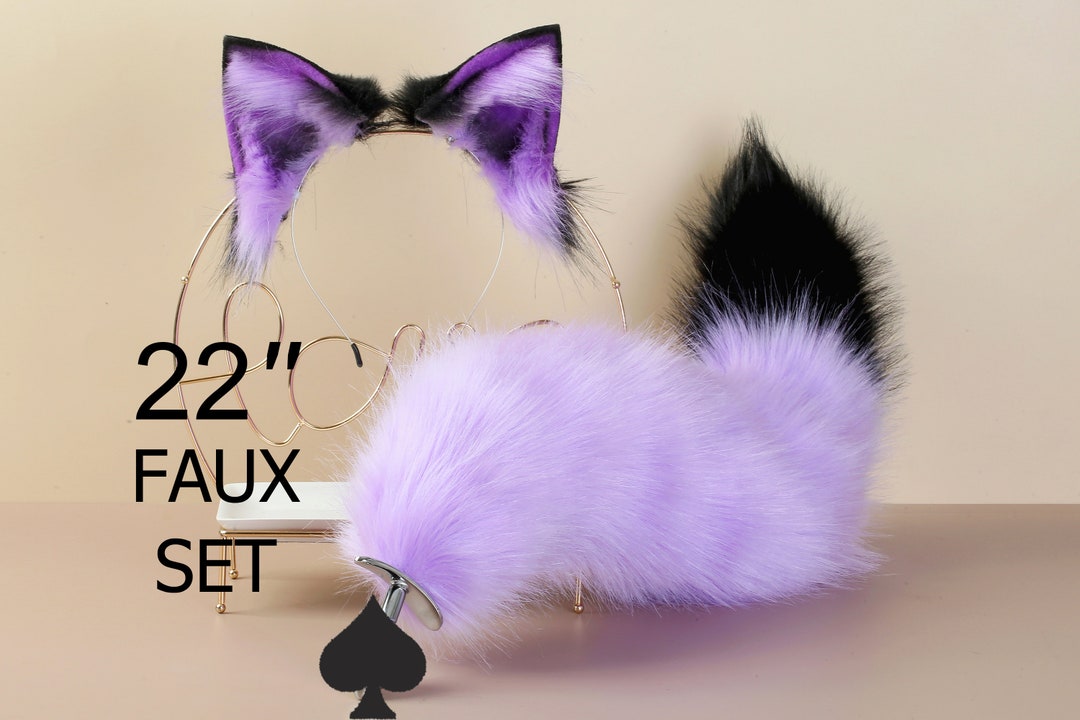 Purple Black Fox Ear And Tail Plug Set Detach Curly Tail Butt Plug Wolf Ear And Tail Buttplug