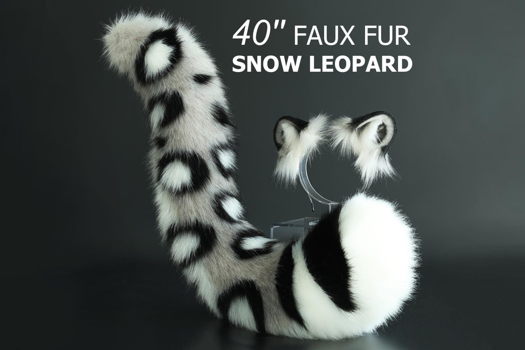 Realistic Faux Fur White Gray Snow Leopard Ear and Tail Set Anime ...