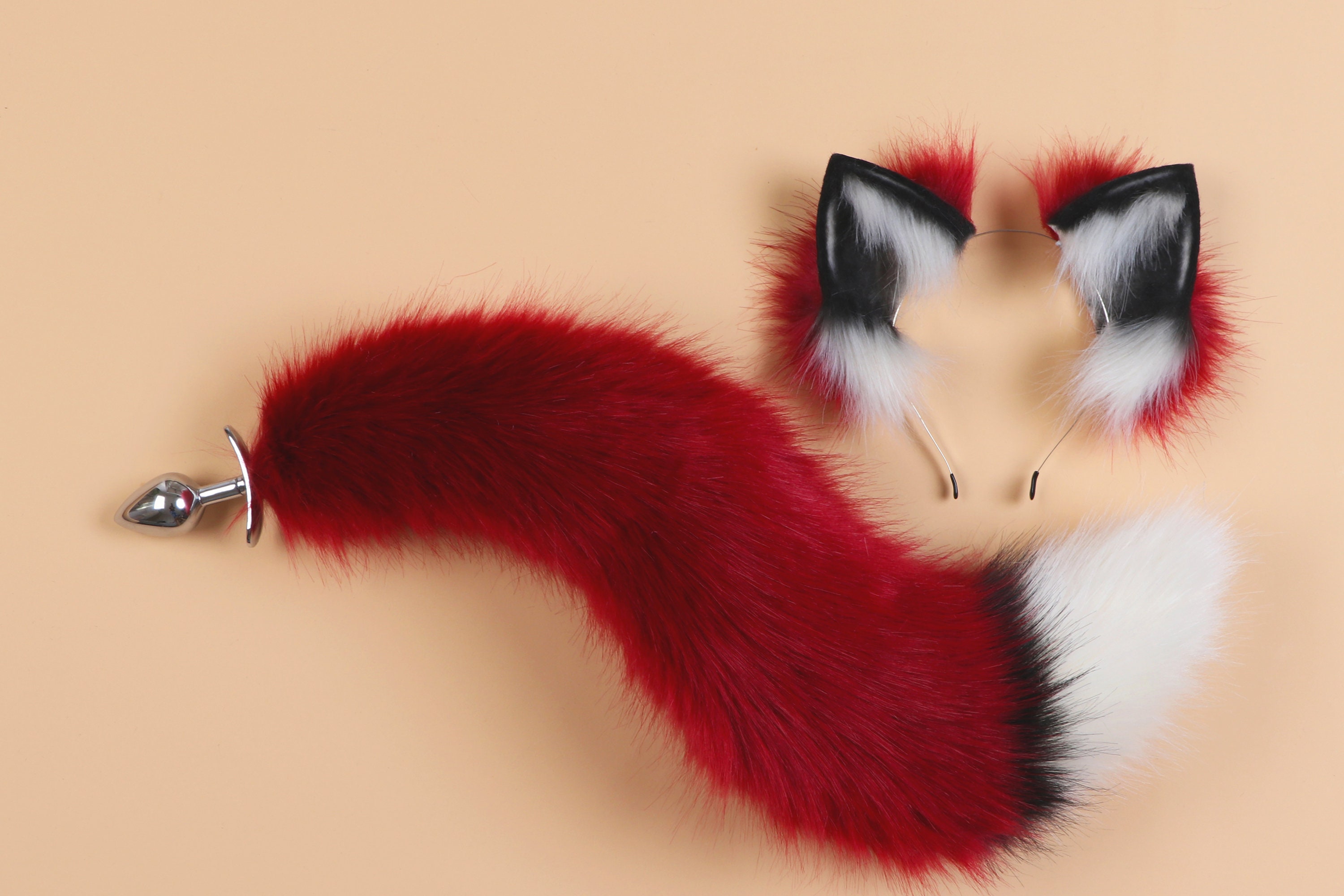 Faux Fur Black Red Fox Tail Plug And Ear Set Wolf Tail Butt Etsy