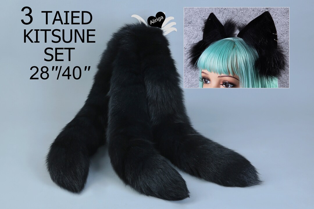 3 Tailed Kitsune Tail and Ear Set White 3 Fox Tails and Ears Set Kitten ...