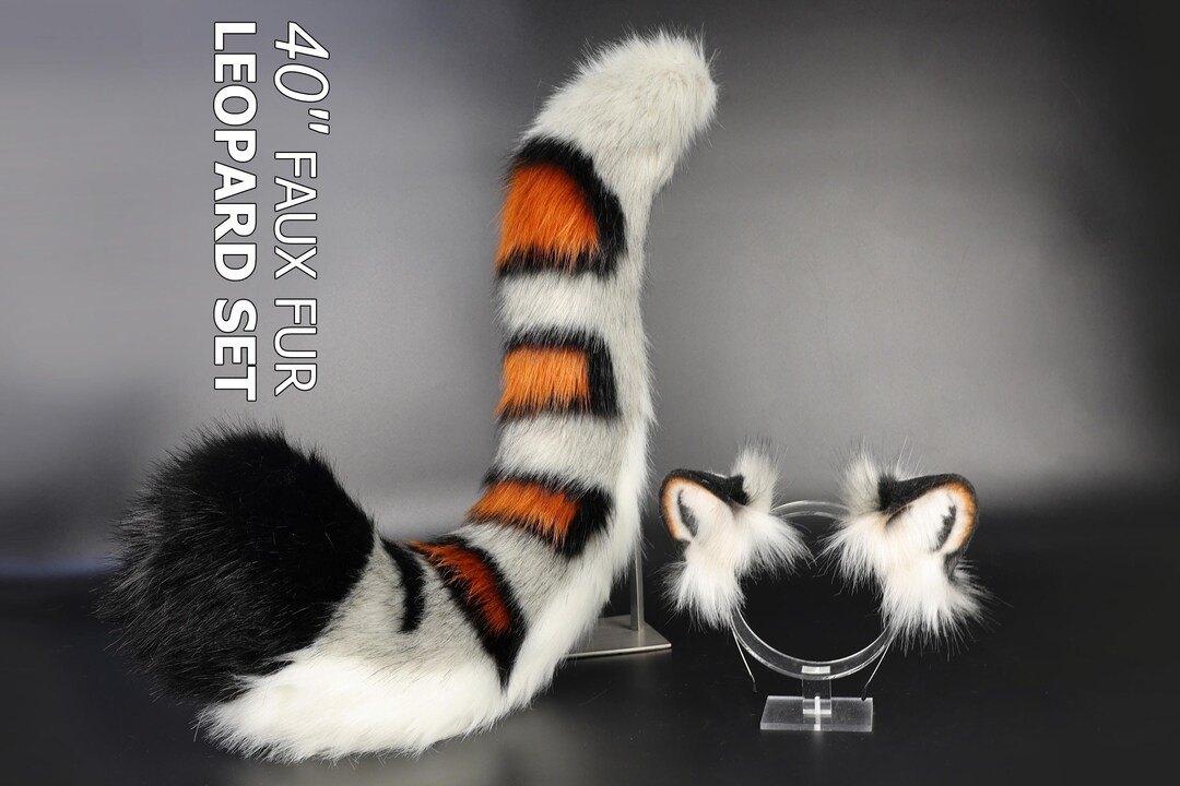 Realistic Faux Fur Gray Snow Leopard Ear and Tail Set Anime Cosplay ...